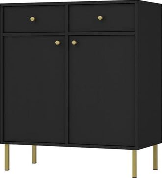 Selsey Kommode Schwarz-Graphit mit Schubladen - Oktio M&ouml;belkollektion - 2 T&uuml;ren, 2 Schubladen - Goldene Metallf&uuml;&szlig;e - Laminierte Spanplatte - H&ouml;he 95 cm - Rob