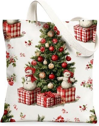 Generic Sac fourre-tout vintage en toile motif sapin de No&euml;l, sacs de courses r&eacute;utilisables, l&eacute;gers, lavables et respectueux de lenvironnement, Blanc, 13x15 I