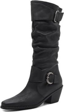 Generic Bottes Hautes Rétro pour Femme Bout Carré en Cuir PU Bride À Boucle Talons Blocs Moyens À Enfiler Chaussures Décontractées Soirée,Noir,35 EU