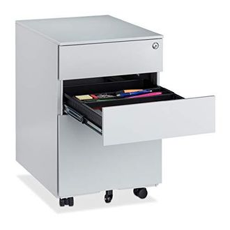 Relaxdays grau Büro Rollcontainer, 3 Schubladen, abschließbar, Stiftablage, 360° drehbare Rollen, Stahl, HBT 60x39x52cm