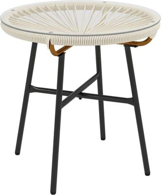 OUTSUNNY Table basse ronde de jardin en r&eacute;sine aspect rotin m&eacute;tal et plateau verre tremp&eacute; &oslash; 50 x 50H cm cr&egrave;me