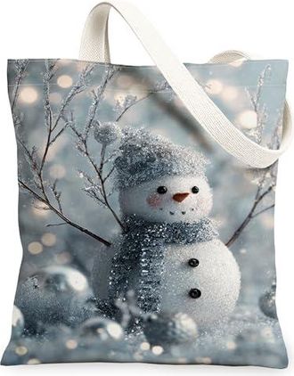 Generic Sacs fourre-tout en toile motif bonhomme de neige dhiver, sacs d&eacute;picerie r&eacute;utilisables, en lin vintage, l&eacute;ger, lavable &agrave; l&eacute;paule, Bleu, 13x15 Inch