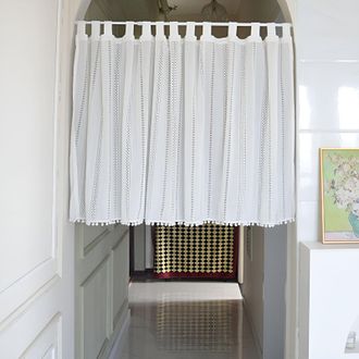 Generic Boho-Stil Küchengardine mit Schlaufen Weiß Scheibengardine mit Kugeln-Kante Schöne Halber Vorhänge für Schlafzimmer Wohnzimmer & Balkontür(100x80cm/39