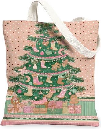 Generic Sacs fourre-tout en toile motif sapin de No&euml;l, sacs d&eacute;picerie r&eacute;utilisables, vintage, l&eacute;gers et lavables avec bandouli&egrave;re pour shopping, voyage, pique