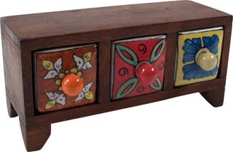 Guru Shop Apothekerschr&auml;nkchen mit Bunten Keramik Schubf&auml;chern, Gew&uuml;rzkiste - 3 F&auml;cher Modell 2, 11x23x8 cm