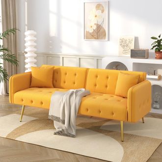 Generic Schlafsofa 2 Sitzer Samt mit XXL Liegefl&auml;che 215cm Verstellbare Armlehnen & R&uuml;ckenlehne Splitback Goldene Beine Stabil 6 F&uuml;&szlig;e G&auml;stebett Sofa Bed Velve