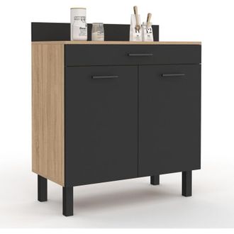 IDMarket Niedriges K&uuml;chenbuffet 80 cm CINA Arbeitsplatte H.83 cm 2 T&uuml;ren + Schublade in Buchenholzoptik und schwarz