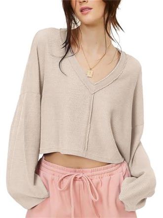 Generic Sweat-shirt court vintage &agrave; manches longues pour femme, coupe d&eacute;contract&eacute;e, col en V, patchwork abricot, taille M, pour le quotidien, le travail et le