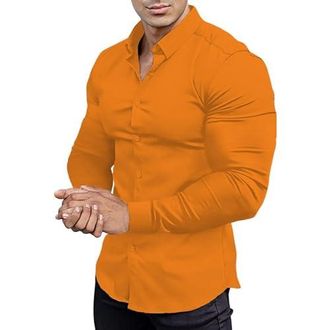 Generic Chemises musculaires pour homme - Grande taille - Chemise &agrave; manches longues boutonn&eacute;e - Col standard - T-shirt de gym formel uni urbain &eacute;l&eacute;gant - T-sh