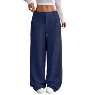 Generic Pantalon ample en velours c&ocirc;tel&eacute; de couleur unie pour femme, avec poche plaqu&eacute;e, pour lautomne et lhiver, taille &eacute;lastique, bleu marine, XS