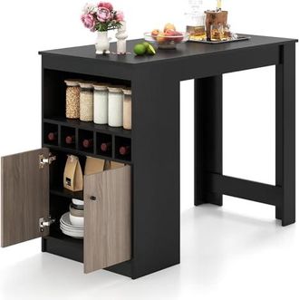 Giantex Table de Bar avec Rangement Lat&eacute;ral, Table Haute Cuisine, Casier &agrave; Vin, Compartiments Ouverts, Armoire Ferm&eacute;e avec &Eacute;tag&egrave;re R&eacute;glable, Mange Debout Cuis