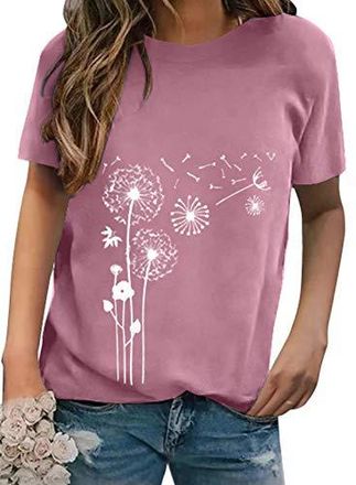 Dokotoo T-Shirt Femme Été Manches Courtes Imprimé Tee Shirt Rose Casual Ample Col Rond Blouse Haut Tops Small
