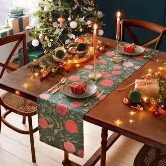 Riva Paoletti Pomegranate Tischl&auml;ufer - Waschbarer Opulenter Tischl&auml;ufer Fruchtund Blattgoldmuster Schnelltrocknend Tischdekoration (Gr&uuml;n - 220x35cm)