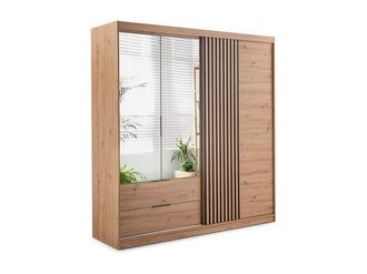 Vente-Unique Kleiderschrank mit 3 T&uuml;ren und 2 Schubladen - Mit Spiegel - B203 cm - Natur & Schwarz - SIDOVIA
