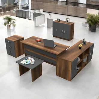 Dmora Set da ufficio Delta, Composizione da Studio, Kit ufficio, Set scrivania e cassettiera, Noce e Antracite