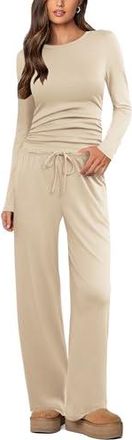 Ekouaer Pyjama Femme Hiver Ensemble à Manches Longues Loungewear Cintrée Vêtements dIntérieur Pyjamas avec Poches Confortable Doux, Marron Clair M