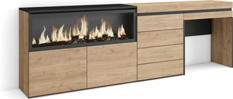 Skraut Home | Schminktisch | Frisiertisch mit Stauraum | 234x75x35 cm | mit Schublade | Elektrokamin XXL | Kommode mit Schubladen | Moderner Stil | Eiche