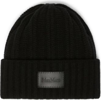 Max Mara Caps & M&uuml;tzen - Ribbed Knit Beanie With Leather Patch Detail - Gr. ONE SIZE - in Schwarz - f&uuml;r Damen