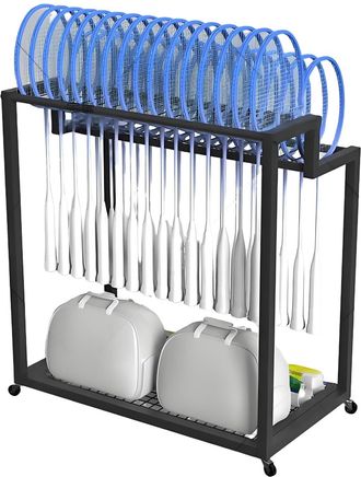 Generic Badmintonschlägerständer Mit Feststellbaren Rollen, 2-stöckiger Tennisschlägerständer, Bietet Platz for 30 Schläger, Ideal for Schule, Garage Oder Tur