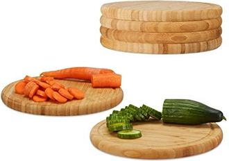 Relaxdays Frühstücksbrettchen 6er Set, Bambus, rund, 25 cm, Küchenbrett, pflegeleicht, natürlich, messerschonend, natur