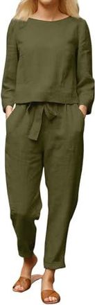Generic Ensemble deux pi&egrave;ces assorti en coton et lin pour femme, haut d&eacute;contract&eacute; &agrave; manches courtes, pantalon fusel&eacute;, v&ecirc;tements de plage, v&ecirc;tements d&eacute;contract