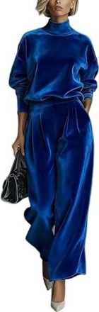 Generic Ensemble de 2 pi&egrave;ces en velours pour femme - Col roul&eacute; - Style d&eacute;contract&eacute; - Couleur unie - Pantalon large - Ensemble de deux pi&egrave;ces en velours - Pour