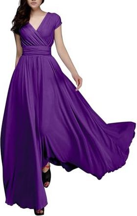 FNKDOR Robes de Soirée Longue Femme Manches Courtes Col V Robe Mariage Invitée Plissé A Line Robe de Demoiselle dhonneur Élégant Taille Empire Robes de Cockt