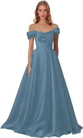 Generic Robe de bal longue fronc&eacute;e en satin &agrave; &eacute;paules d&eacute;nud&eacute;es pour femme avec poches, Bleu poudr&eacute;, 46
