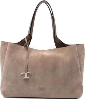 Tod's Femme, Sacs, Brun, Taille: ONE Size T Timeless Medium Leather Tote Bag