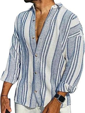 Onsoyours Homme Chemise Rayée Manches Longues en Coton Casual Western Regular Fit Boutonnées Chemises Col Revers Rayé pour Hommes Décontracté Business Chemises 
