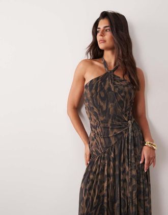 Asos Maxikleid aus Mesh mit Print, Knotendetail, Neckholder und Sch&auml;rpendetail im Animal-Print-Multi