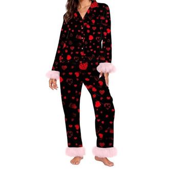 Generic Ensemble de pyjama en satin pour femme - V&ecirc;tement de nuit imprim&eacute; coeur - Haut et pantalon boutonn&eacute;s - Tenue 2 pi&egrave;ces - Pyjama en soie doux et confort