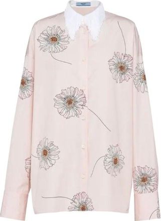 Prada Gerbera Print Fringe Collar Cotton Shirt Size S