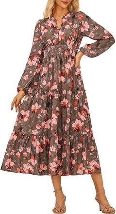 Grace Karin Robe longue &eacute;l&eacute;gante pour femme - Manches longues - Col en V - A ligne - Robe florale avec taille smock&eacute;e, XL