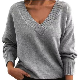 Generic Pull court court &agrave; manches longues raglan double face col en V pour femme, gris, XXL