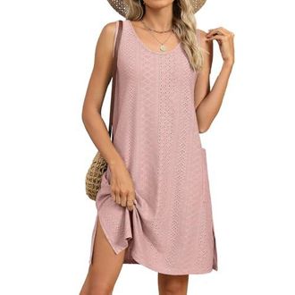 Generic Robe d&eacute;t&eacute; l&eacute;g&egrave;re pour femme - Robe courte - Sans manches - Col rond - Longueur genou - Robe de plage d&eacute;contract&eacute;e avec poches - Robe d&eacute;bardeur d&eacute;contr