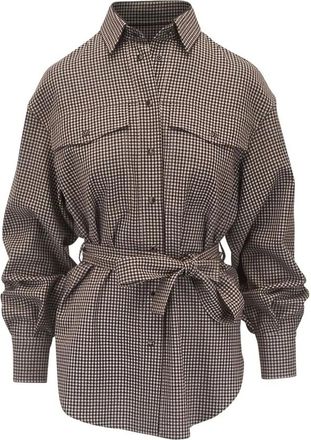 Brunello Cucinelli Femme, Blouses et Chemises, Gris, Taille: 40 FR Chemise &agrave; carreaux en laine vierge avec ceinture