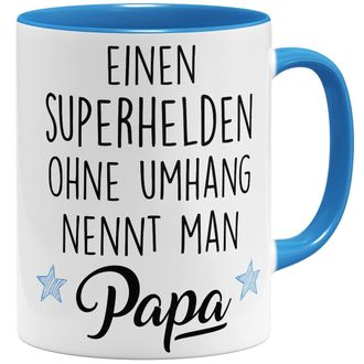 OM3 Dankesch&ouml;n Tasse mit Spruch - einen Superhelden ohne Umhang nennt Man Papa | Keramik Becher | 325ml | Beidseitig Bedruckt | Hellblau