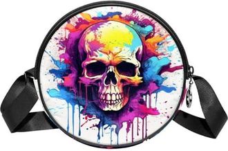 Generic Petit sac &agrave; bandouli&egrave;re circulaire pour femme, motif cr&acirc;nes, petit sac &agrave; dos &agrave; bandouli&egrave;re avec fermeture &eacute;clair, bretelles r&eacute;glables, sac &agrave; main rond