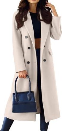 Generic Manteau long en laine pour femme, manteau mi-long, veste crant&eacute;e &agrave; revers &agrave; double boutonnage, v&ecirc;tements dext&eacute;rieur pour lautomne et lhiver 2026, beig