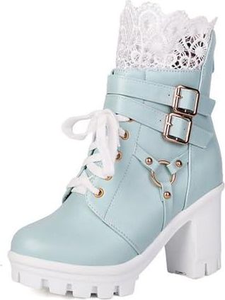 Generic Bottines de combat gothiques &agrave; lacets pour femme avec bout rond et talon bloc, chaussures avec fermeture &eacute;clair &agrave; larri&egrave;re et sangle &agrave; boucle, bleu, 3