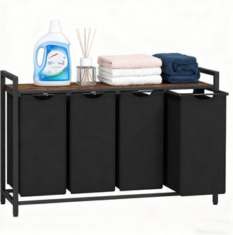 Relaxdays W&auml;schesammler mit 4 ausziehbaren W&auml;sches&auml;cken, mit Ablage, HBT: 72 x 116 x 33 cm, W&auml;schekorb, schwarz-braun