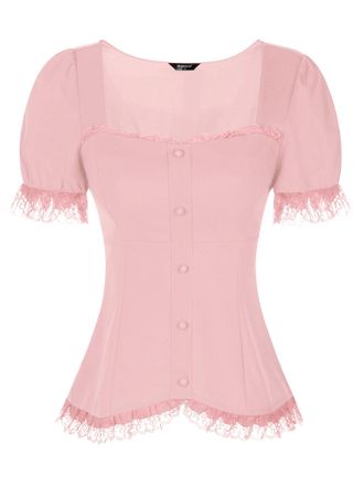 Allegra K Viktorianisches Hemd f&uuml;r Damen, Herzausschnitt, kurze Puff&auml;rmel, Schn&uuml;rung, Gothic-Bluse, Grau/Pink, XL