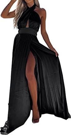 Generic Robe boh&egrave;me 2026 pour femme, robe longue sans manches, &eacute;paules d&eacute;nud&eacute;es, couleur unie et imprim&eacute;e, ourlet fendu avec cordon de serrage, Noir, XL