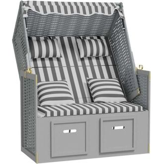 vidaXL Strandkorb mit Kissen Poly Rattan und Massivholz Grau & Wei&szlig; vidaXL