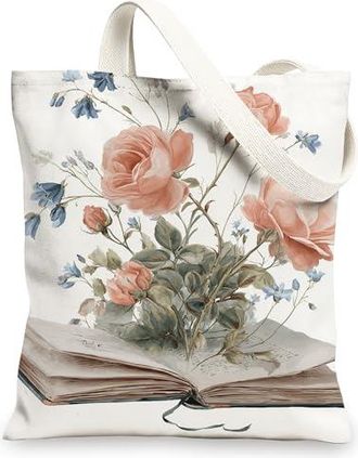 Generic Sacs fourre-tout artistiques en toile, motif floral vintage, sacs de courses réutilisables, légers et lavables à bandoulière pour les voyages, blanc, 