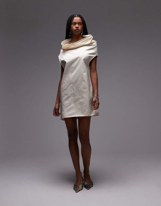 Mango Capsule - Robe courte en satin de qualité supérieure à col froncé - Blanc cassé