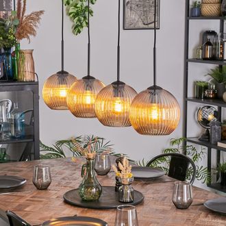 HOFSTEIN H&auml;ngeleuchte Koyoto, 4-flammige H&auml;ngelampe aus Metall/Riffelglas in Schwarz/Bernstein, moderne Pendelleuchte im Retro/Vintage-Design (Schirme &Oslash; 20 cm)