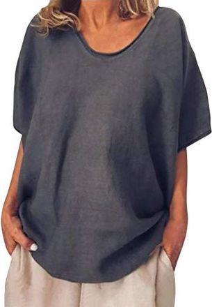 Minetom Femme T-Shirt en Lin Solide à Manches Courtes Col V Grande Taille Oversize Chemisier Blouse Hauts Tops Gris Foncé FR 50