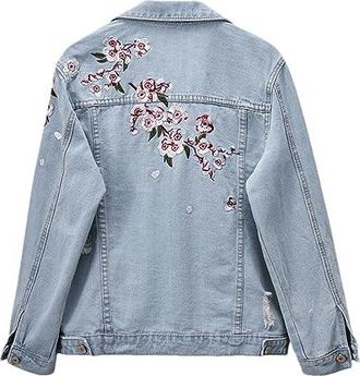 Generic Veste En Jean À Col En Coton Brodé Pour Femme, Veste En Jean Ample Bleu Clair Harajuku Pour Femme Light Blue XXL